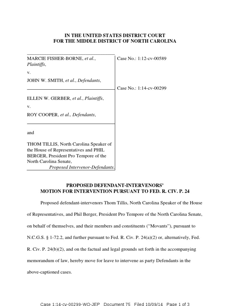 NC Motion to Intervene - Tillis/Berger | Cm/Ecf | The United States