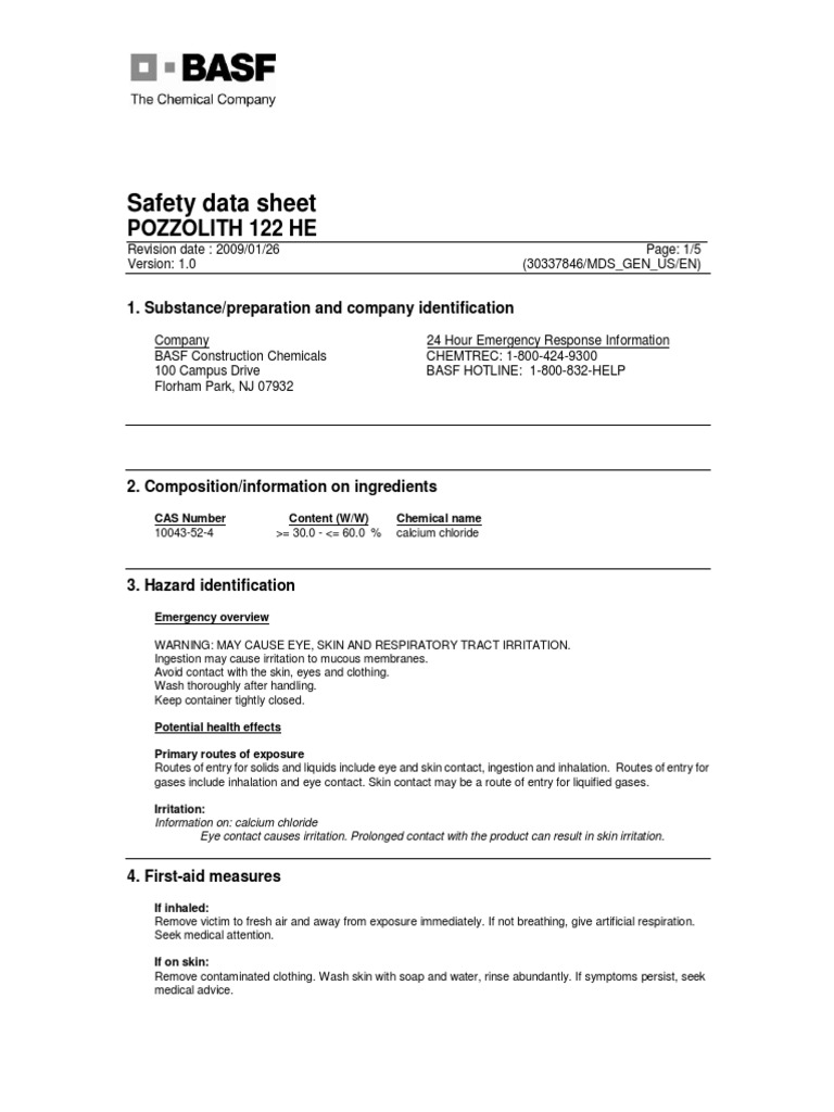 MSDS Pozzolith 122HE - 30% PDF | PDF | Personal Protective Equipment ...