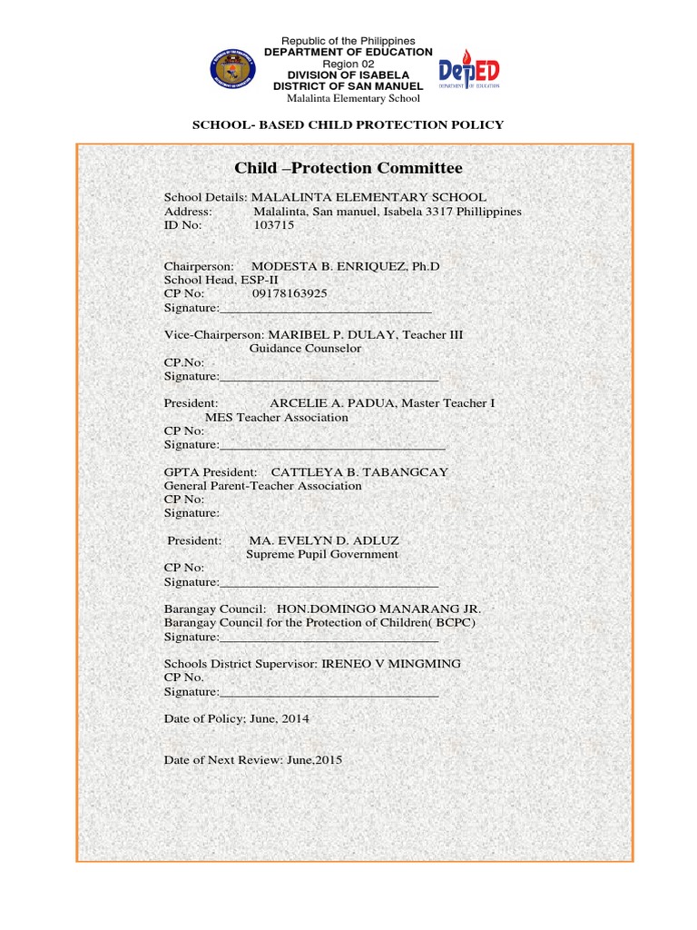 Malalinta Elementary Child Protection Policy | PDF | Bullying | Violence
