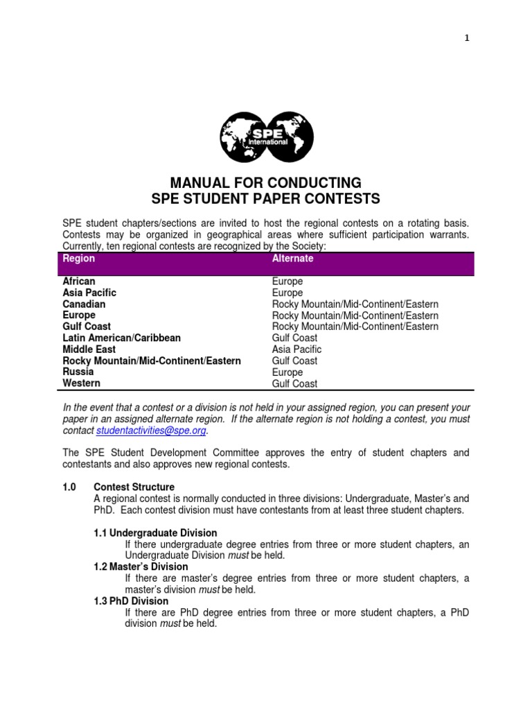 Manual For Conducting Spe Student Paper Contests: Region Alternate ...