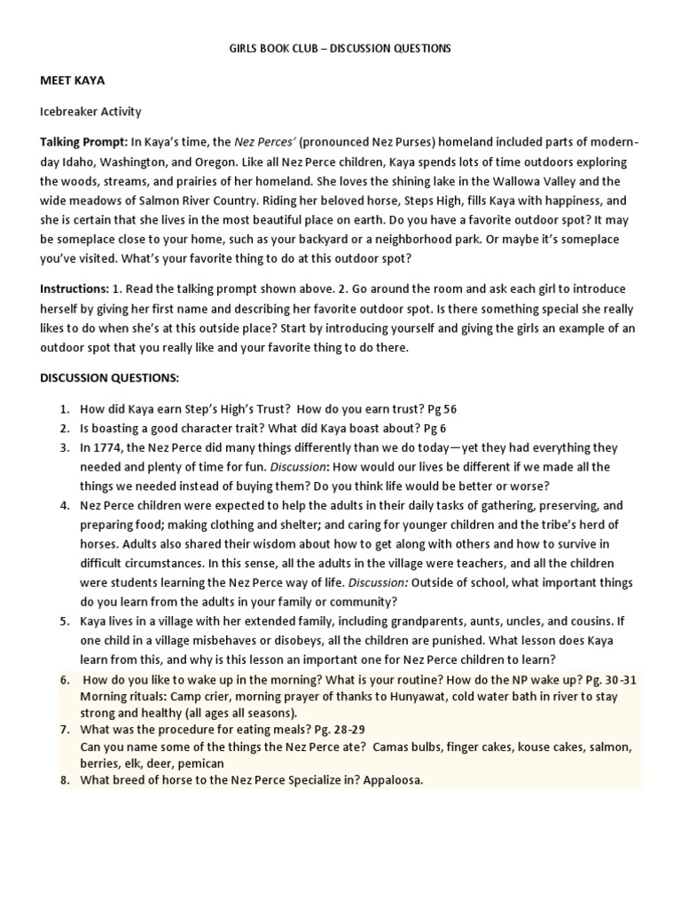 Meet Kaya: Girls Book Club - Discussion Questions | PDF | Nez Perce ...