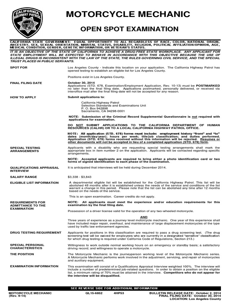 CHP Motorcycle Mechanic Job Bulletin | PDF | Background Check | Test ...