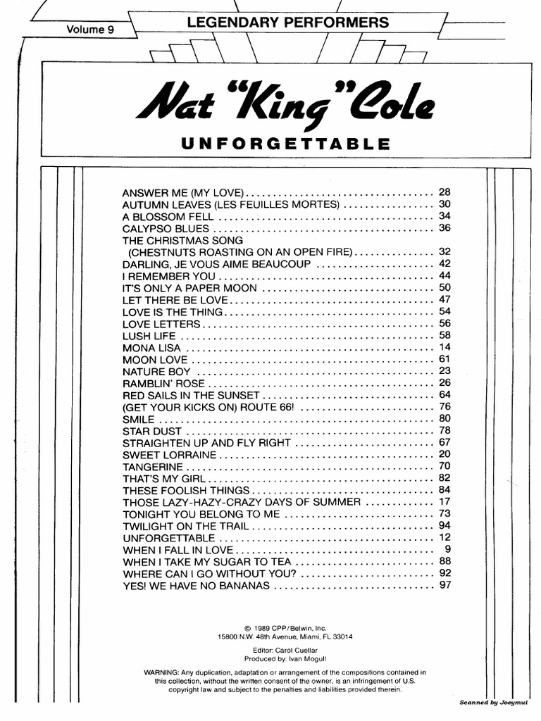 Jazz Sheet Music Nat King Cole Unforgettable Book Part I | PDF ...