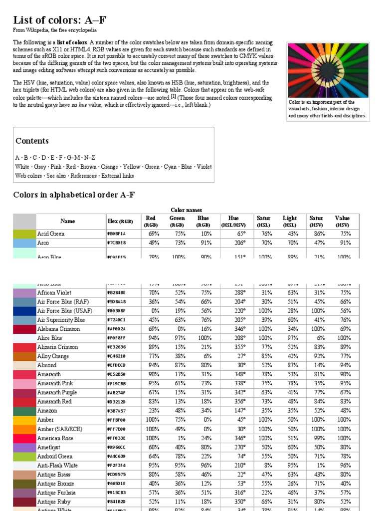 List of Colors - A-F - Wikipedia, The Free Encyclopedia | PDF | Hue | Color