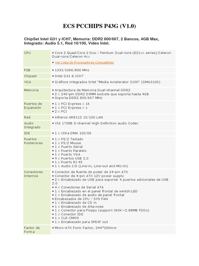 ECS PCCHIPS P43G Specs | PDF
