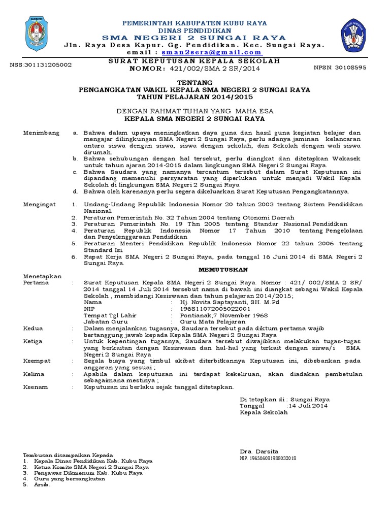 Sk Pengangkatan Wakil Kepala Sekolah 2014 Docx - Riset