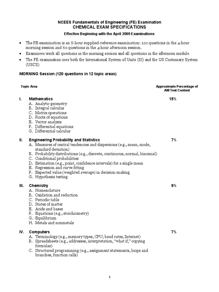 Chemical FE Exam Specifications Guide | PDF | Science & Mathematics