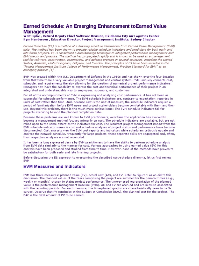 Earned Schedule | PDF | Project Management | Forecasting