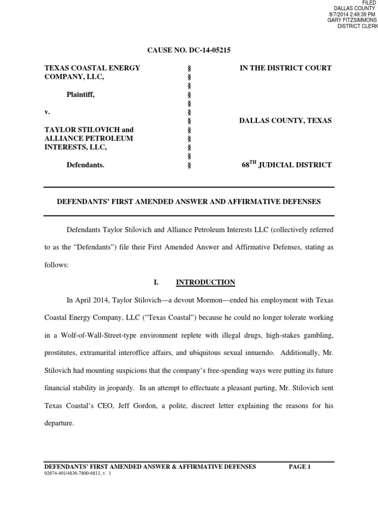 Texas Coastal v. Stilovich - Stilovich Amended Answer | PDF | Lawsuit ...