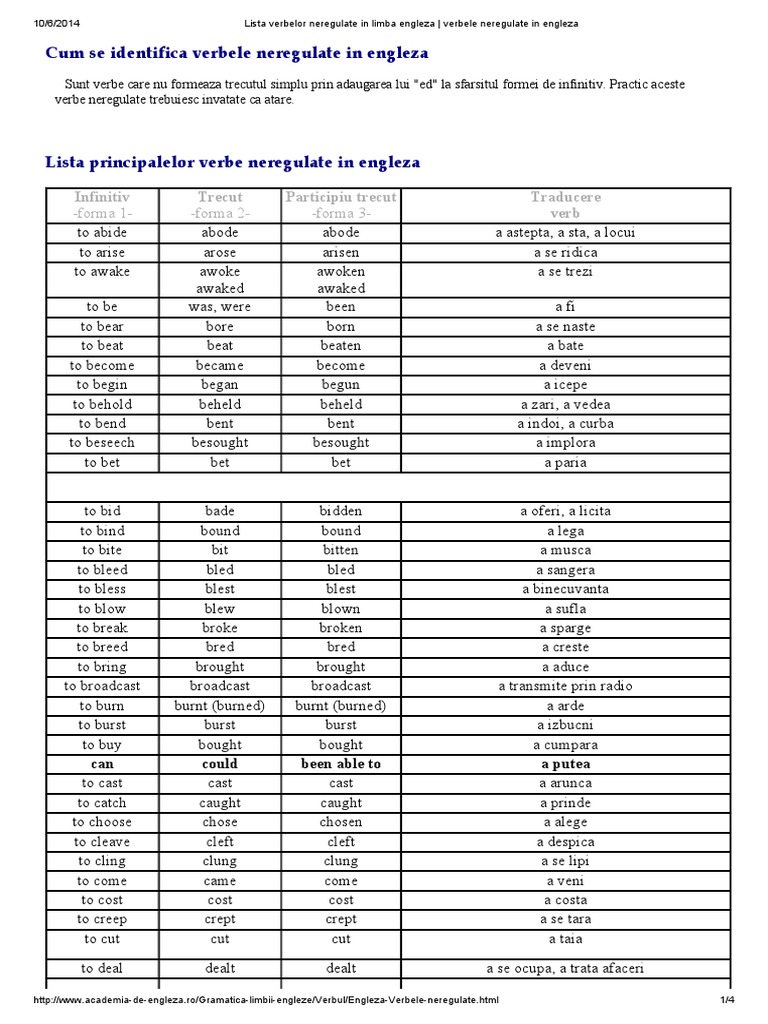 Lista Verbelor Neregulate in Limba Engleza - Verbele Neregulate in Engleza | PDF