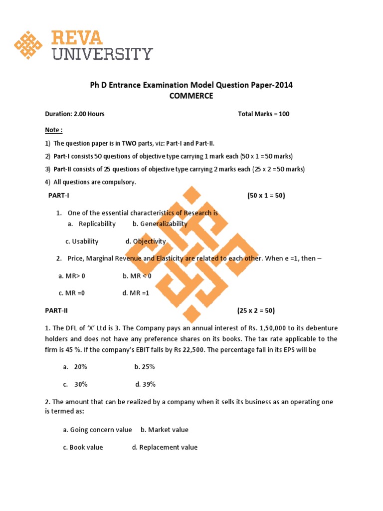 PH D Entrance Examination Model Question Paper-2014 Commerce | PDF