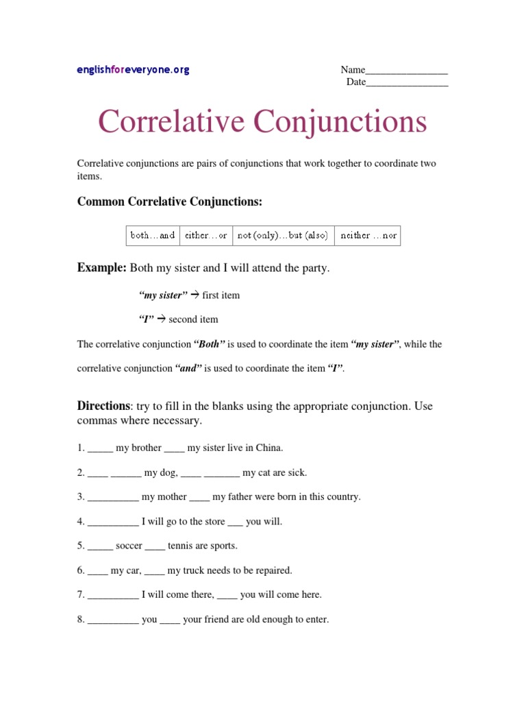 Correlative Conjunctions Worksheet | PDF