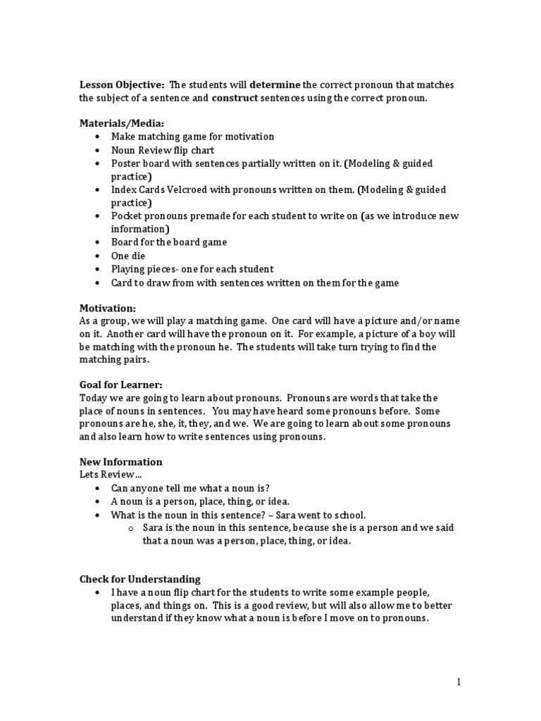 Lesson Objective: The Students Will Determine The Correct Pronoun That ...
