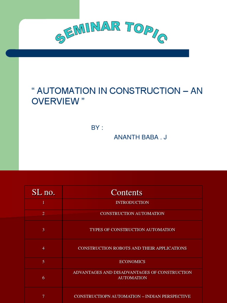 " Automation in Construction - An Overview ": BY: Ananth Baba - J | PDF ...