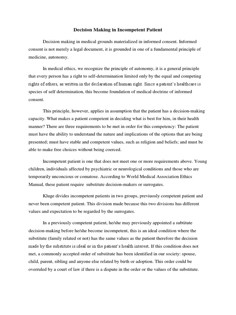 Decision Making in Incompetent Patient | PDF | Medical Ethics | Health Care