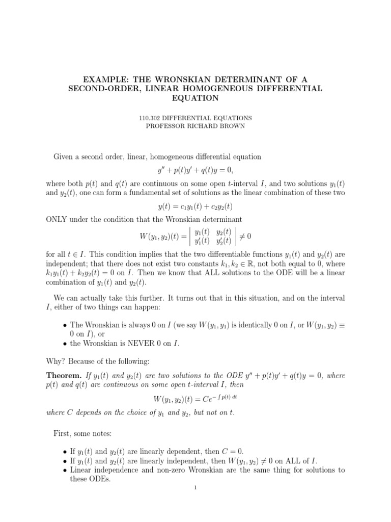Example: The Wronskian Determinant of A Second-Order, Linear ...