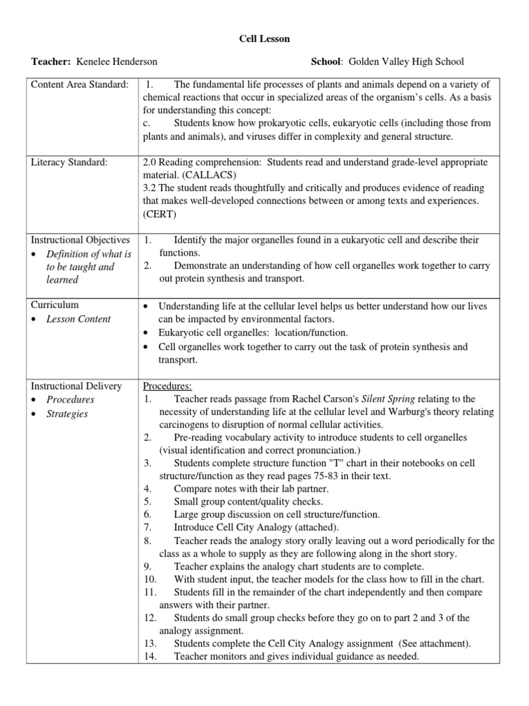 Eukaryotic Cell Lesson Plan | PDF | Cell (Biology) | Reading (Process)