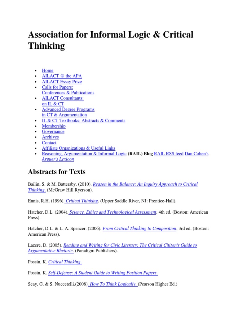 CriticalThinkingReadnglistAssociation For Informal Logic | PDF ...