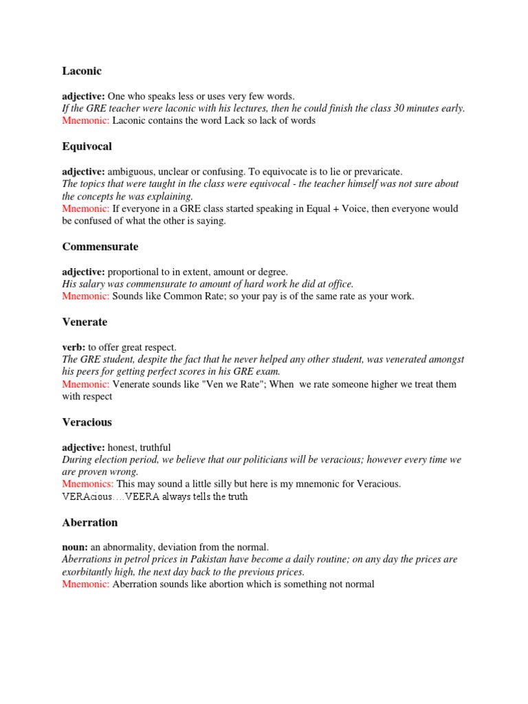 Laconic: Mnemonic | PDF | Graduate Record Examinations | Adjective