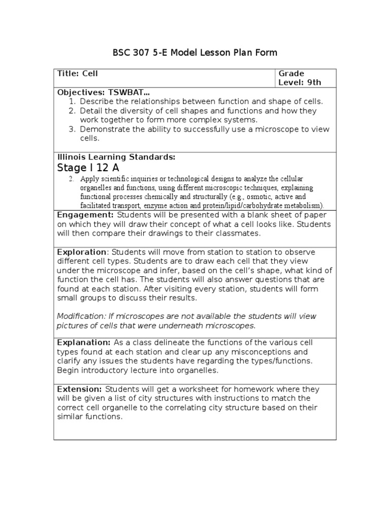 Cell 5 E Model Lesson Plan Form | PDF | Laboratory Techniques ...