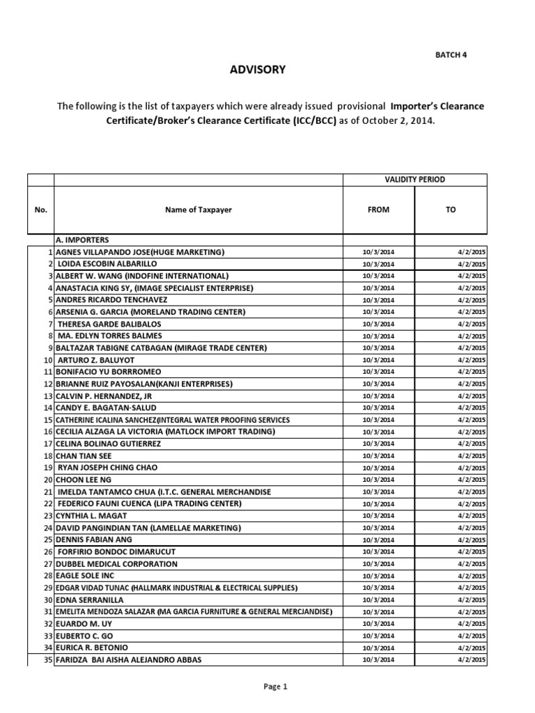 Advisory: Certificate/Broker's Clearance Certificate (ICC/BCC) As of ...