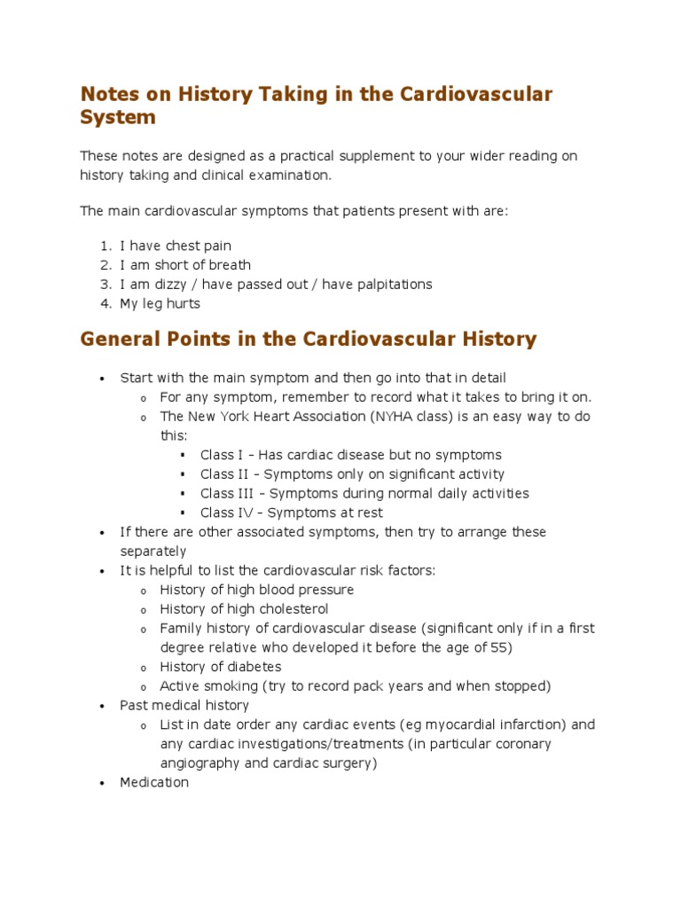Notes On History Taking in The Cardiovascular System | PDF | Myocardial ...