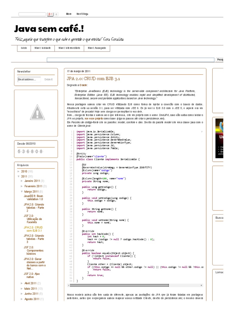 Java Sem Café.! - JPA 2.0 - CRUD Com EJB 3 | PDF | Enterprise Java Beans | Plataforma Java