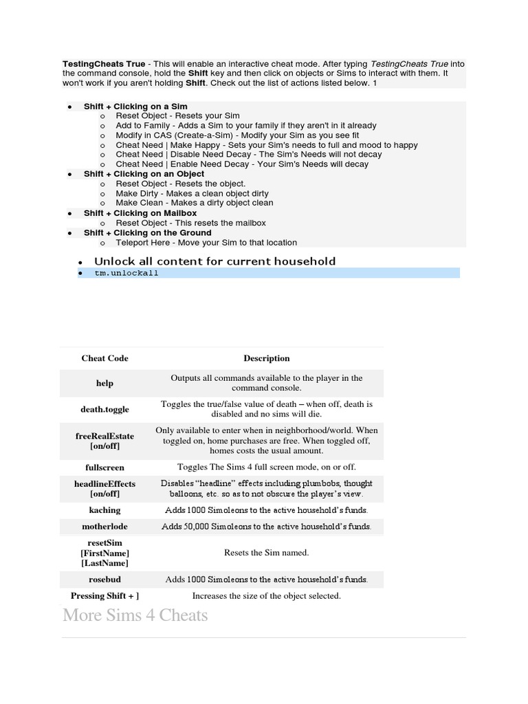 Unlock All Cheats for The Sims 4 | PDF | Computers