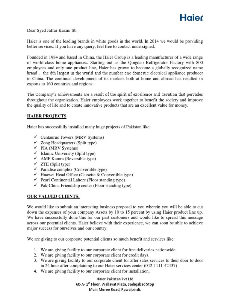 Haier Corporate Letter | PDF | Air Conditioning | Heating, Ventilating ...