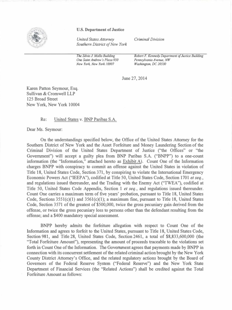 BNP Paribas Guilty Plea Agreement Summary | PDF | United States Federal ...