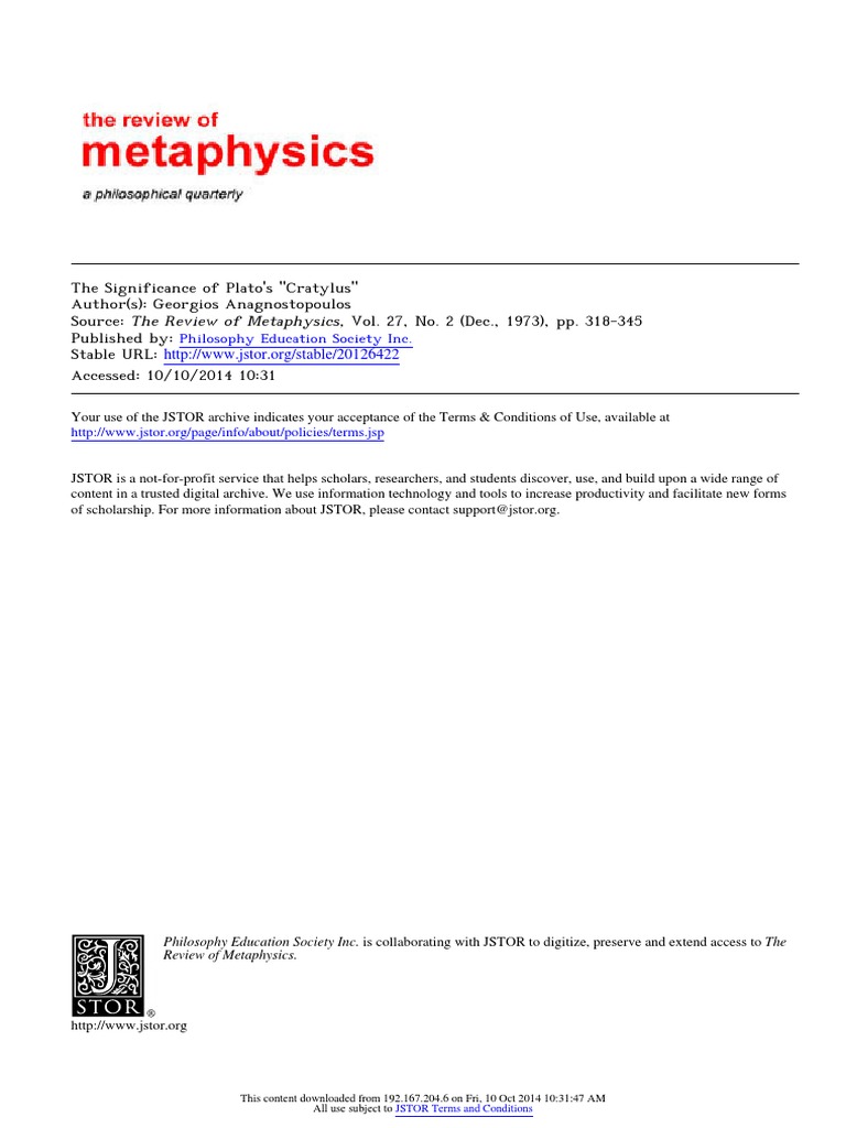 The Significance of Plato's Cratylus - G. Anagnostopoulos | PDF | Plato ...