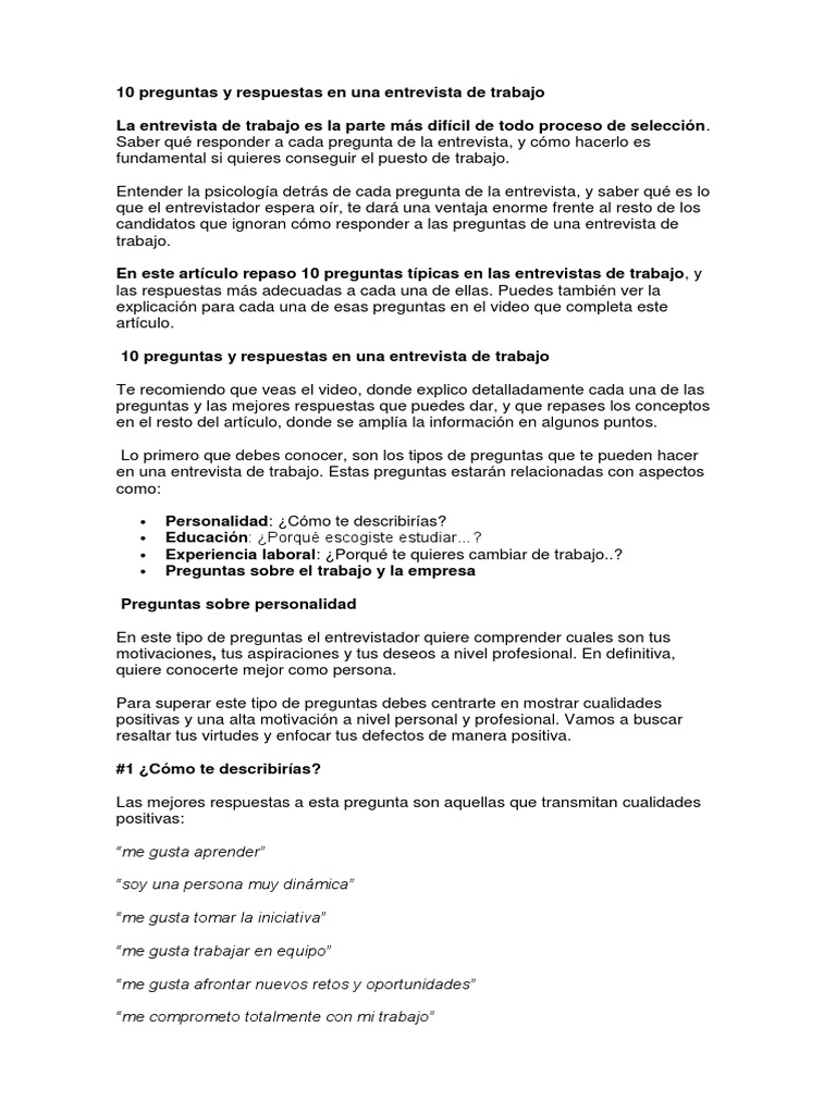 10 Preguntas y Respuestas en Una Entrevista de Trabajo | PDF ...
