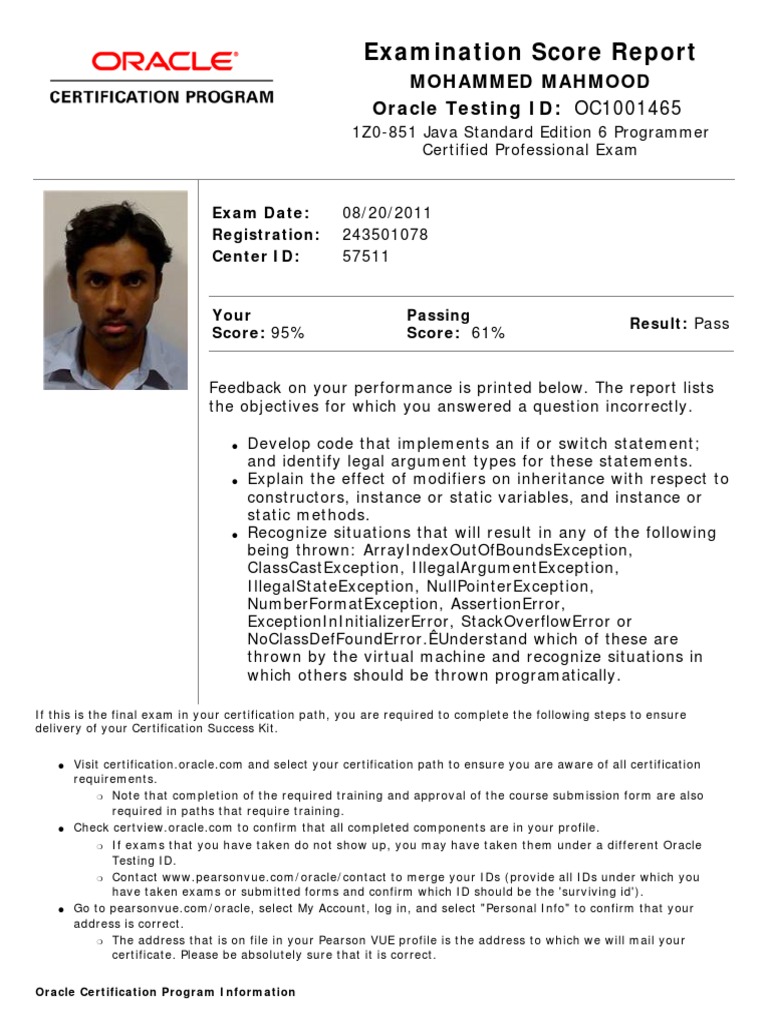 Examination Score Report: Mohammed Mahmood Oracle Testing ID: OC1001465 ...