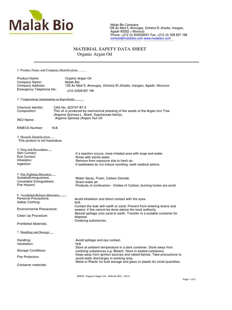 MSDS Argan Oil MALAK BIO PDF | PDF | Water | Chemistry