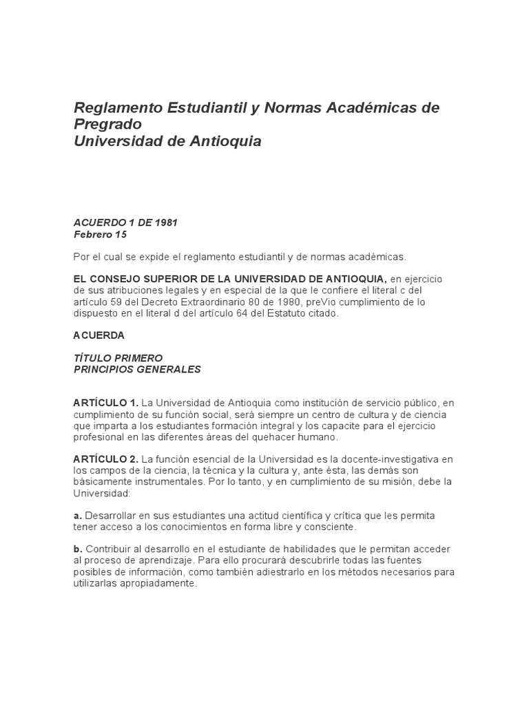 Reglamento Estudiantil UDEA PDF | PDF