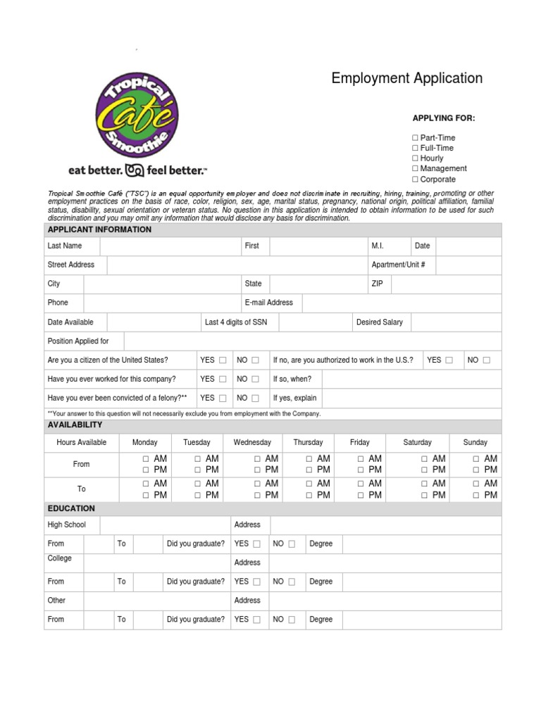 Tropical Smoothie Cafe Employment Application | PDF | Salary ...