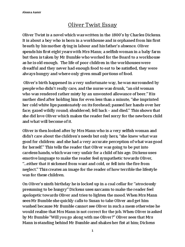 Oliver Twist Essay | PDF | Oliver Twist