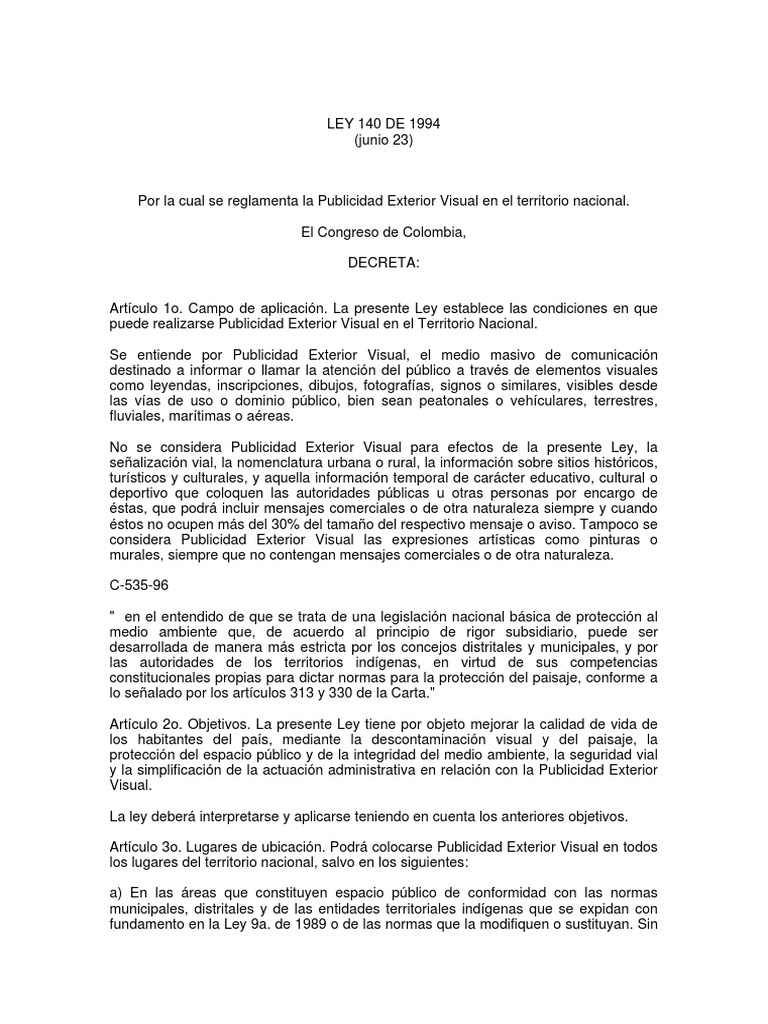 Ley 140 de 1994 Publicidad Exterior Visual PDF | PDF | Alcalde | Publicidad