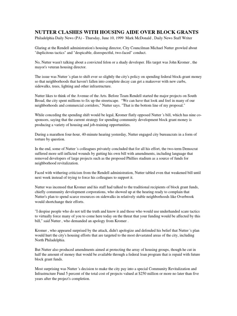 Article Nutter Clashes With Housing Aide Over Block Grants | PDF | The ...