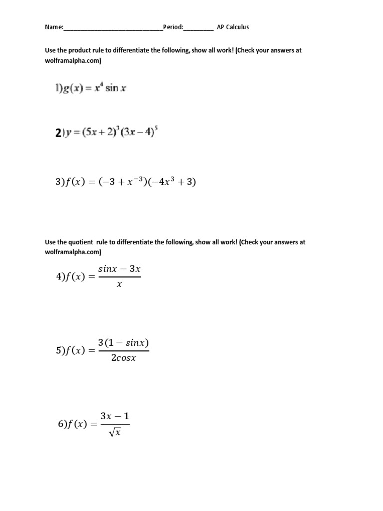 AP Calculus: Product & Quotient Rule Practice | PDF | Teaching Methods ...