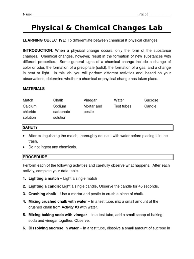 Physical vs Chemical Changes Lab | PDF | Sodium Carbonate | Chemical ...