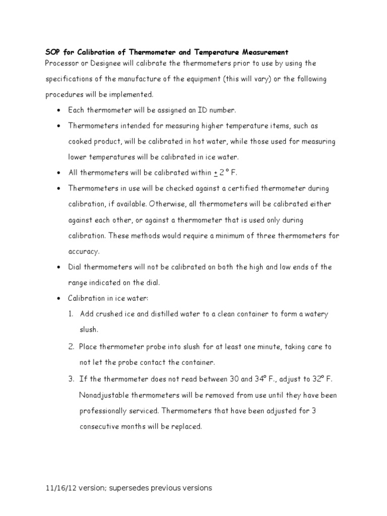 SOP For Calibration of Thermometer | PDF | Thermometer | Calibration