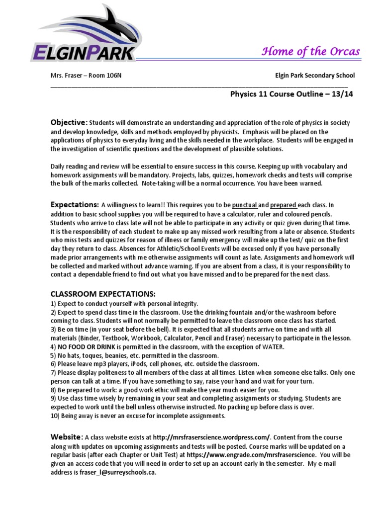 Elgin Park Physics 11 Course Outline | PDF | Homework | Reflection (Physics)