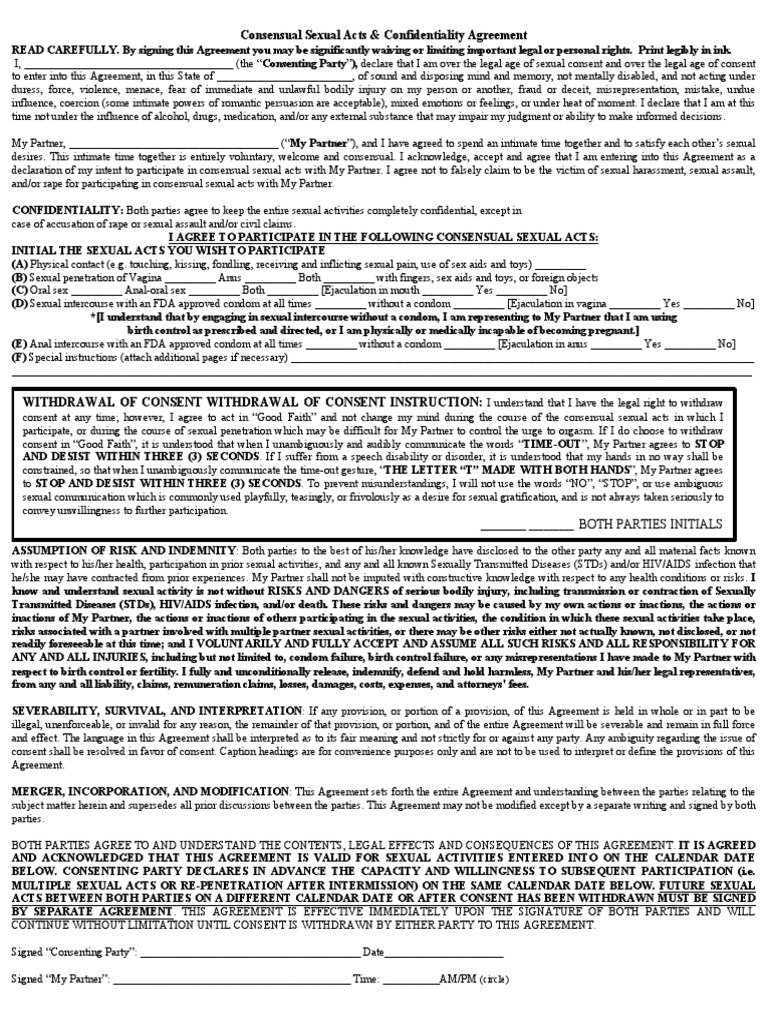 Sexual Consent Agreement | PDF | Sexual Intercourse | Sexually Transmitted Infection