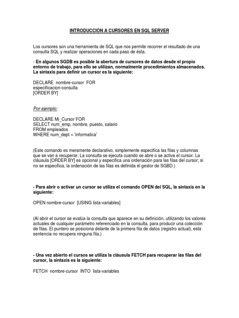 Introduccion A Cursores en SQL Server PDF | PDF | SQL | Ingeniería de ...