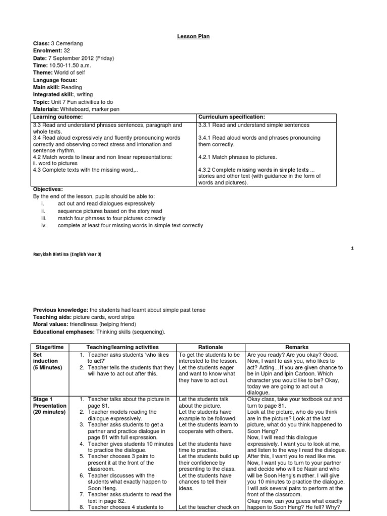 Lesson Plan 7 Sept 2012 | PDF | Lesson Plan | English Language