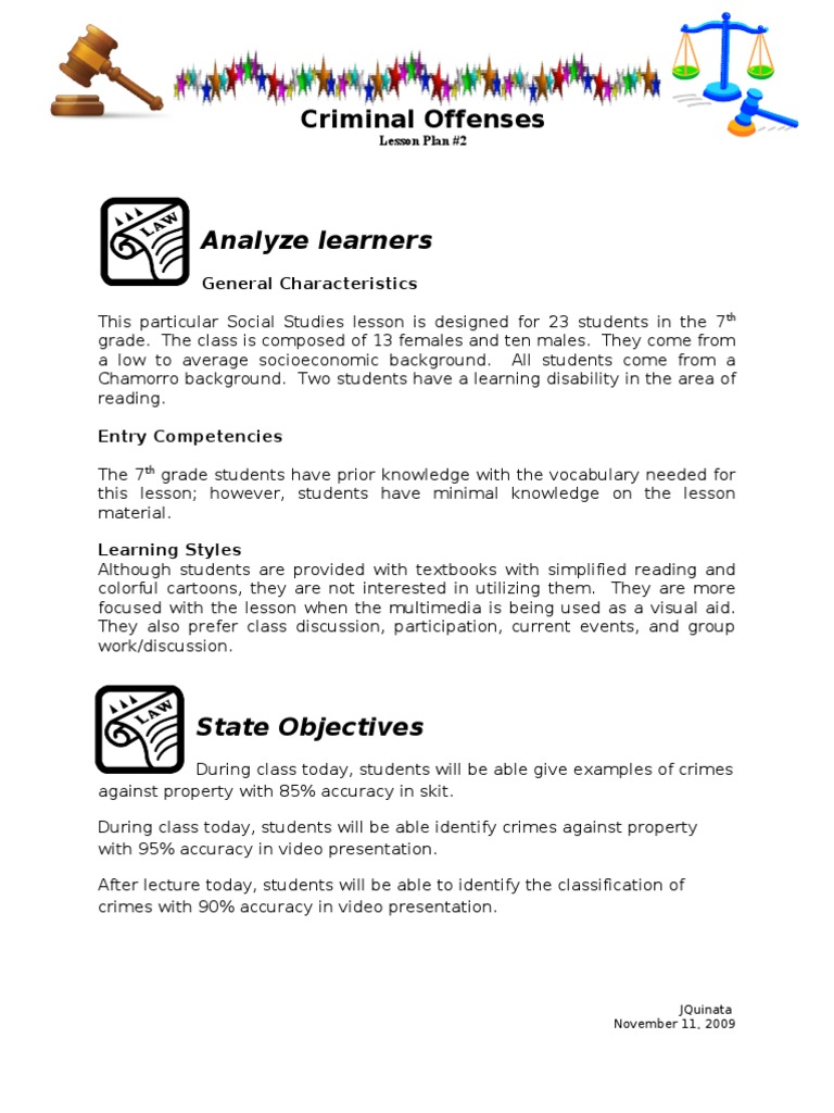 7th Grade Lesson Plan on Crimes | PDF | Educational Assessment | Lecture