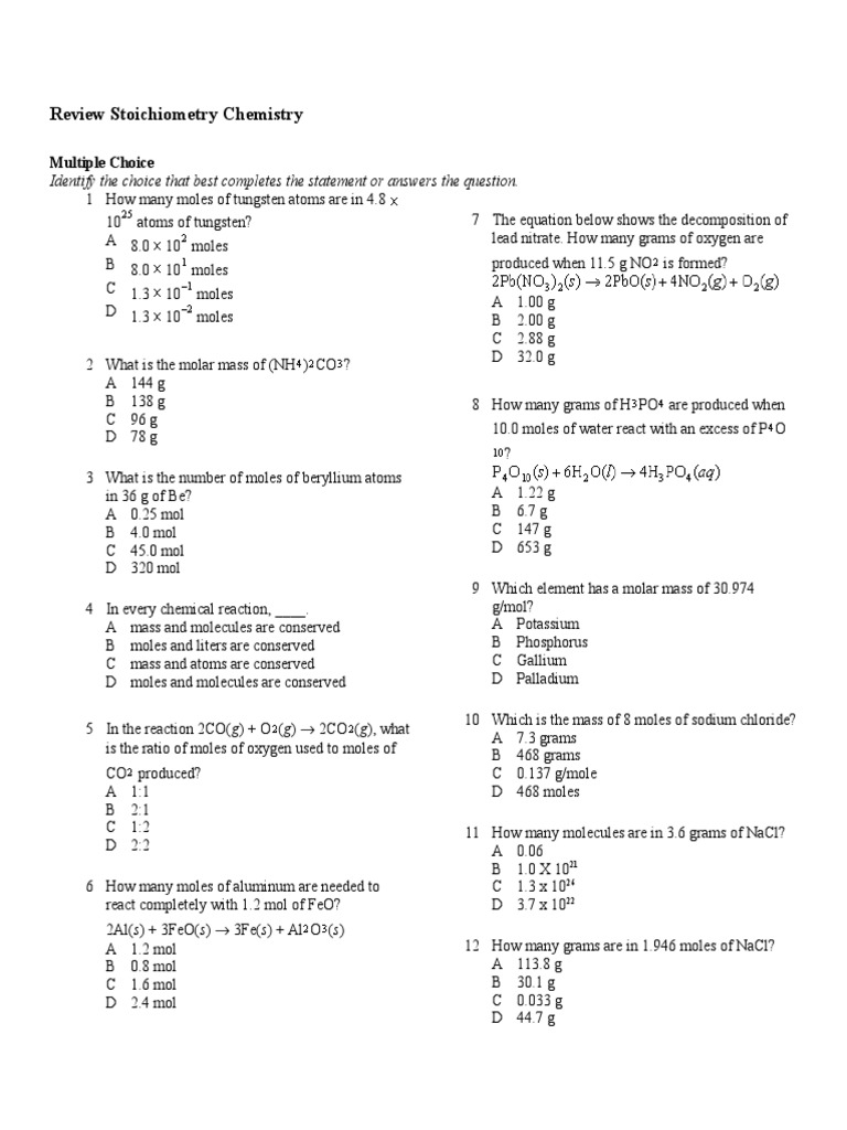 3 Review Stoichiometry Chemistry Practice Quiz and Answers | PDF | Mole ...