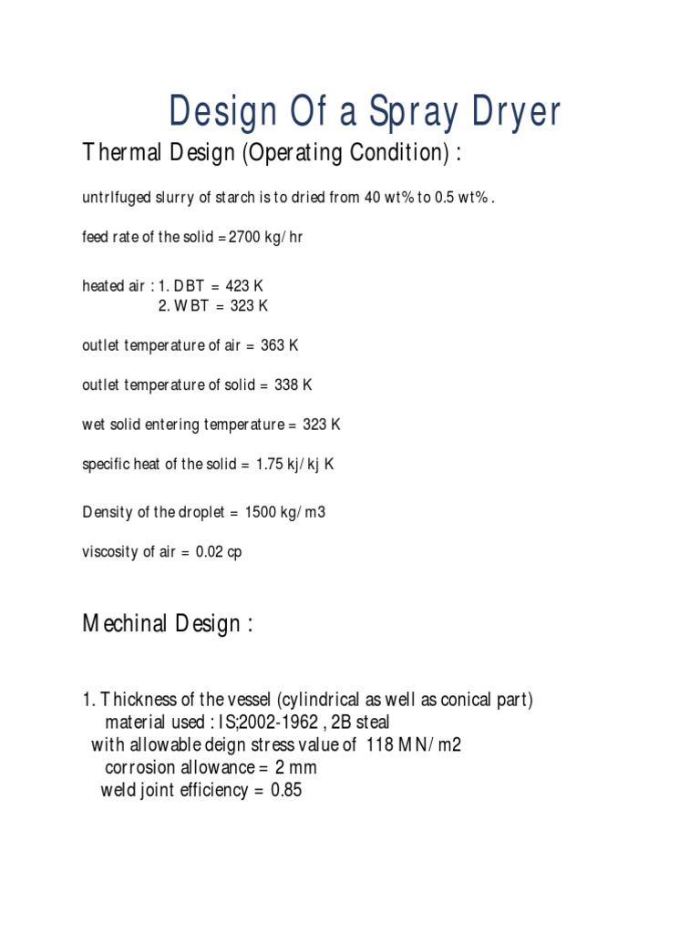 Spray Dryer Design Specifications | PDF