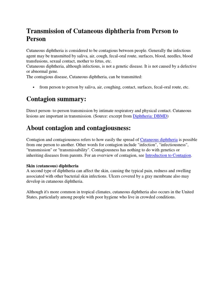 Transmission of Cutaneous Diphtheria From Person To Person | PDF